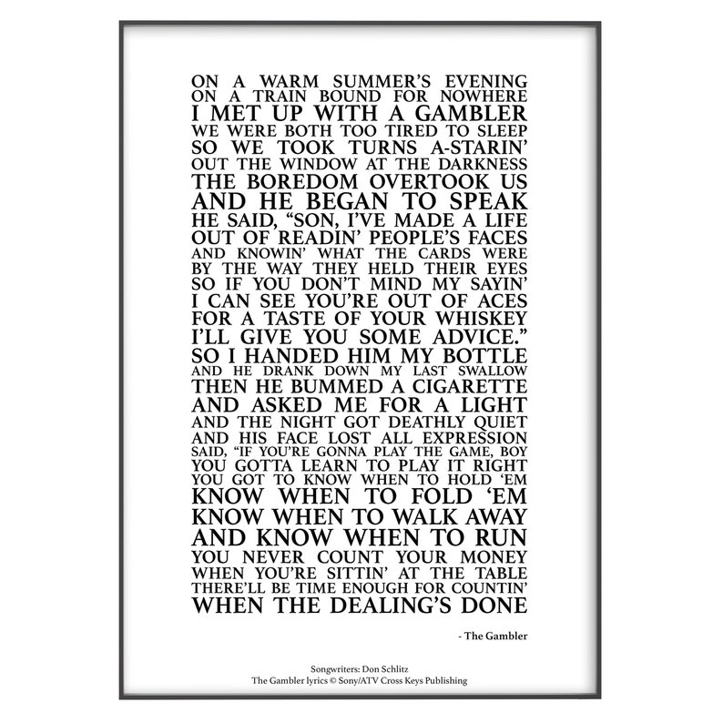 The Gambler Song Lyrics Print Official Licensed Print Poster - Etsy UK