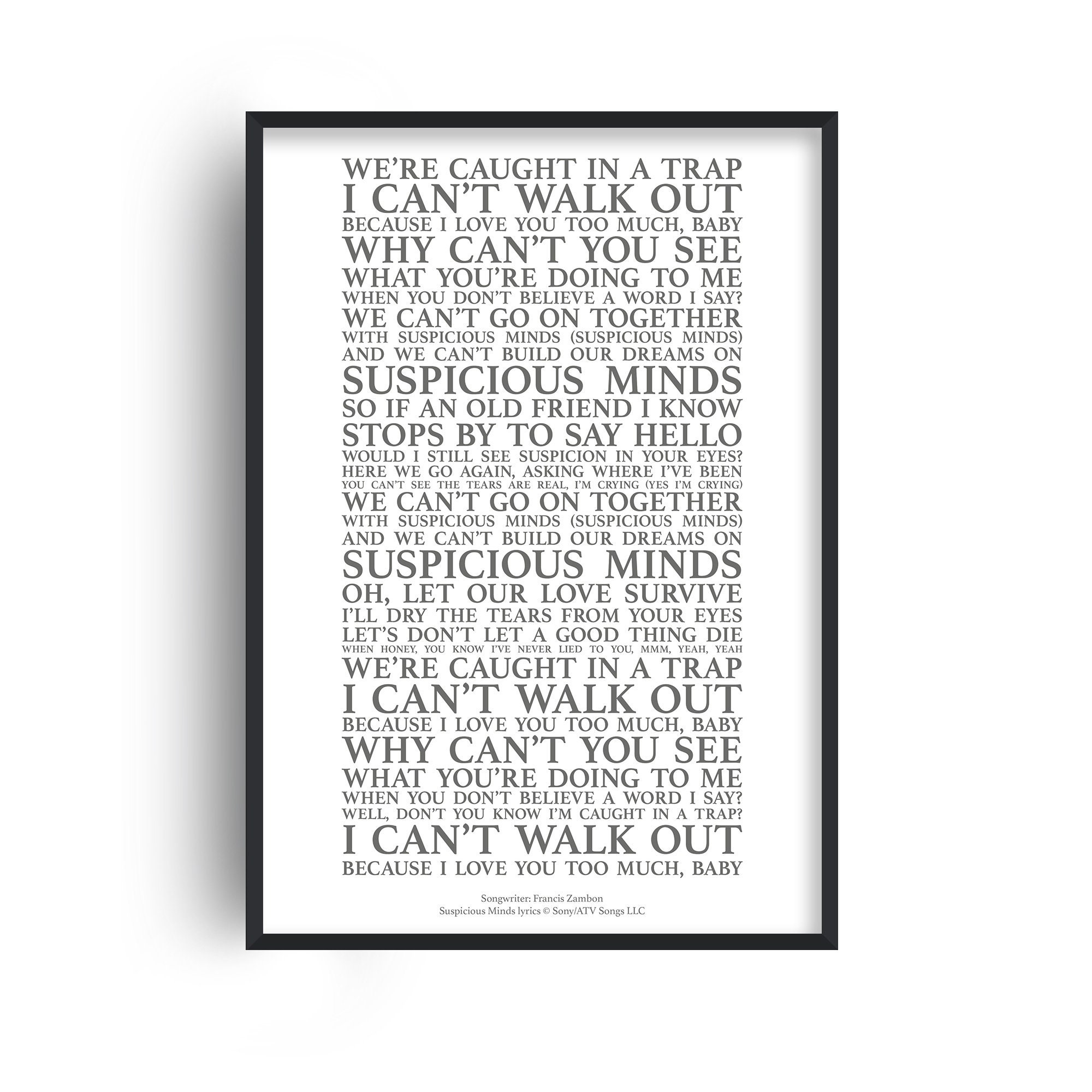 Suspicious Minds Song Lyrics Print Official Licensed Print Etsy