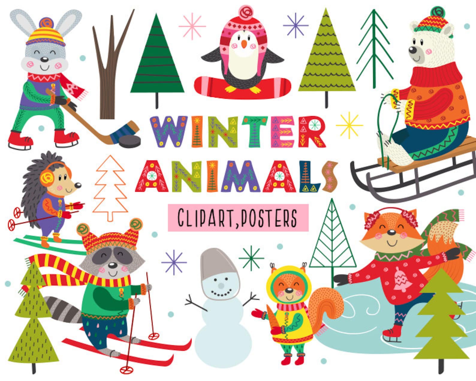 Cute Winter Sports Animals Clipart Set Skiing Animals Clipart | Etsy
