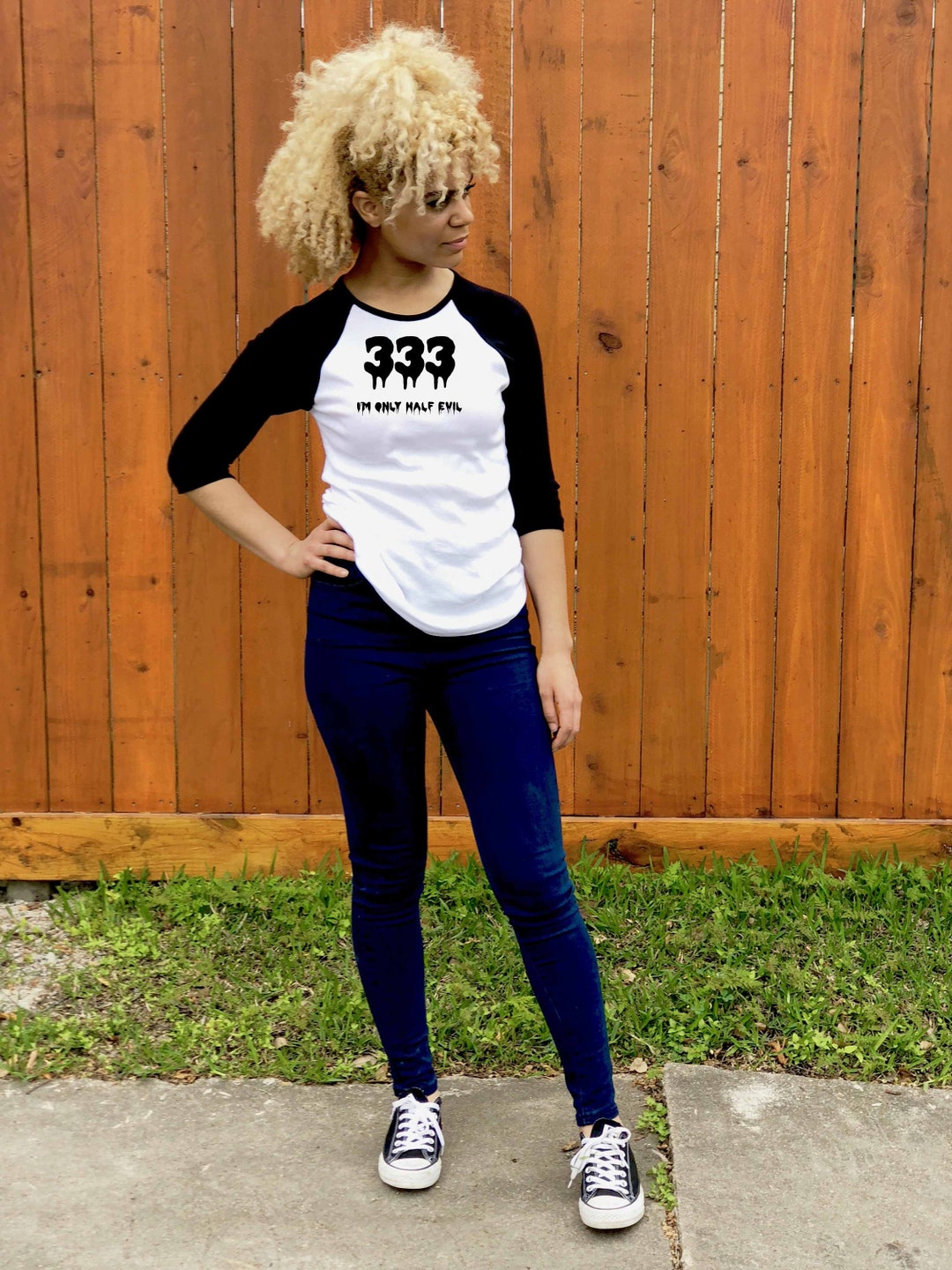 333 I'm Only Half Evil - Black and White Raglan 3/4 Sleeve T-shirt Vast ...