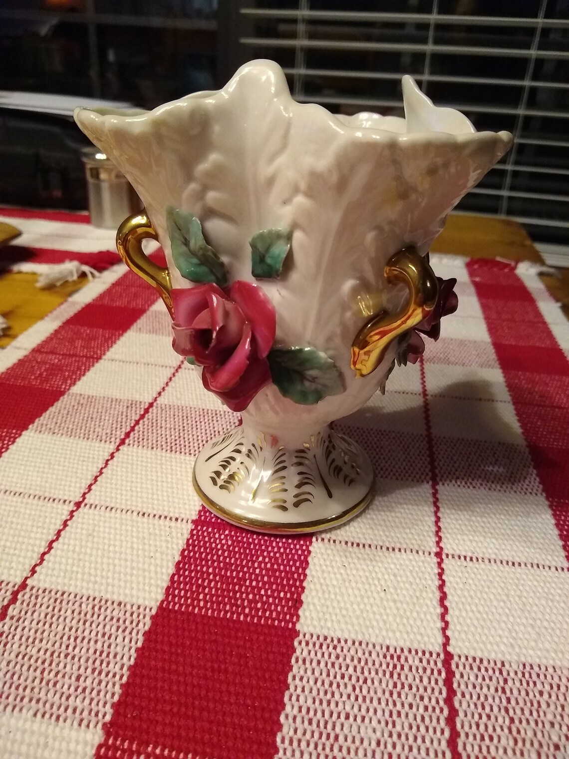 Vintage Lefton China Flower Vase With 3D Roses and Gold Accents - Etsy