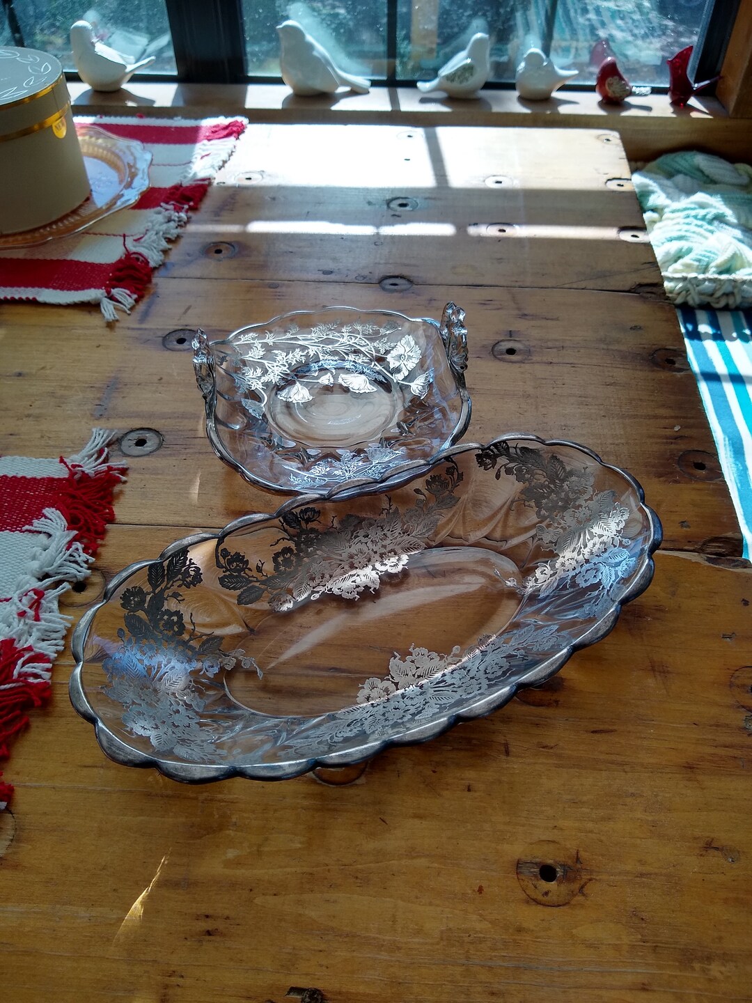 2 Silver City Glass Co Vintage Glass Reverse Painting Flanders Floral ...