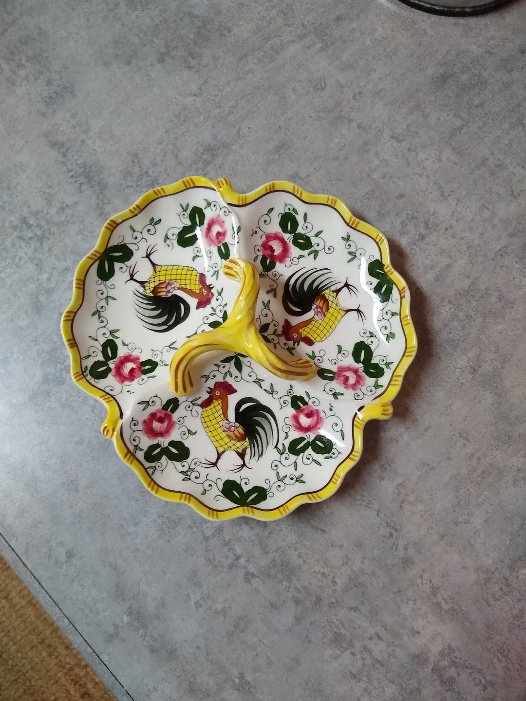 Nice Vintage Ucagco PY Rooster and Roses Divided 3 Part Relish or Candy ...