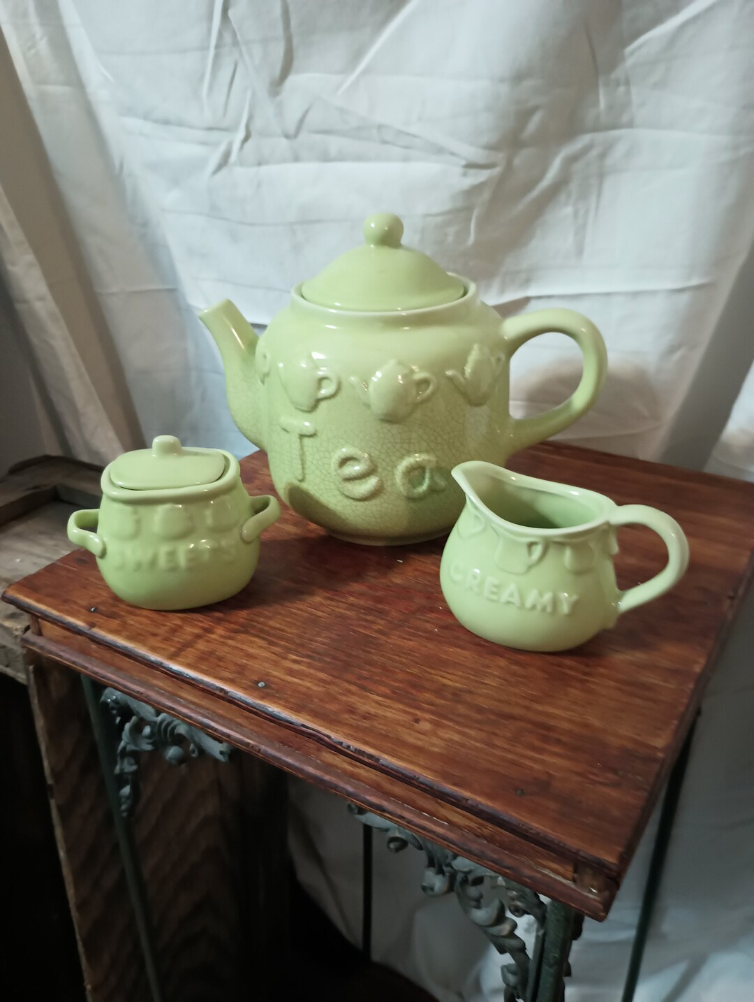 Lovely Green Ceramic Teapot Set, Teapot, Creamer, & Sugar Bowl - Etsy