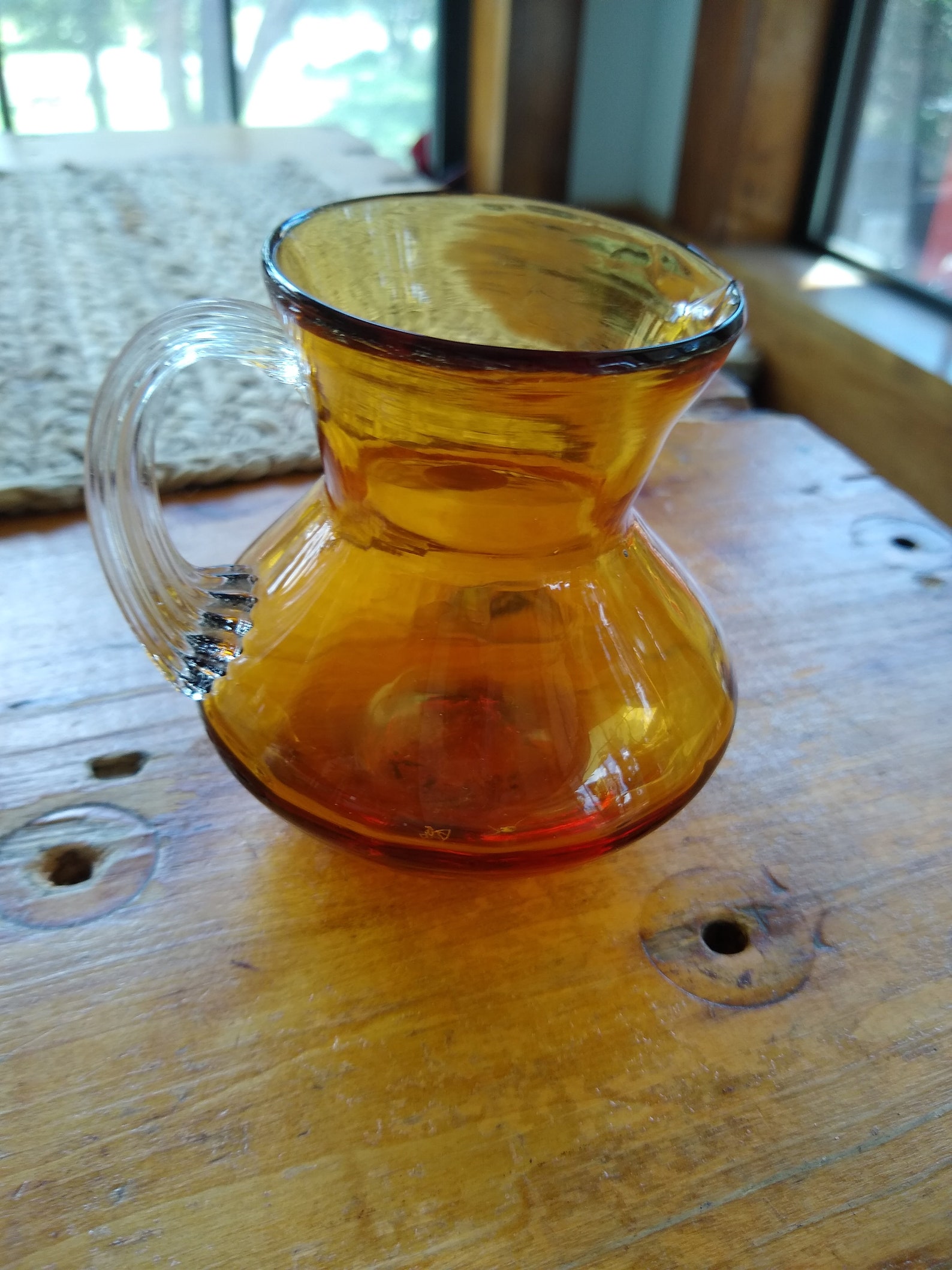 Vintage AMBER Hand Blown PILGRIM GLASS Pitcher W/label Clear Ribbed ...