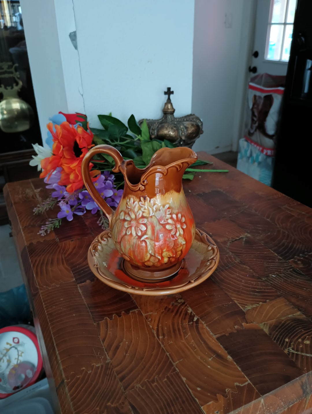Vintage Small Wash Basin Set Retro Brown Pitcher & Bowl Bathroom ...