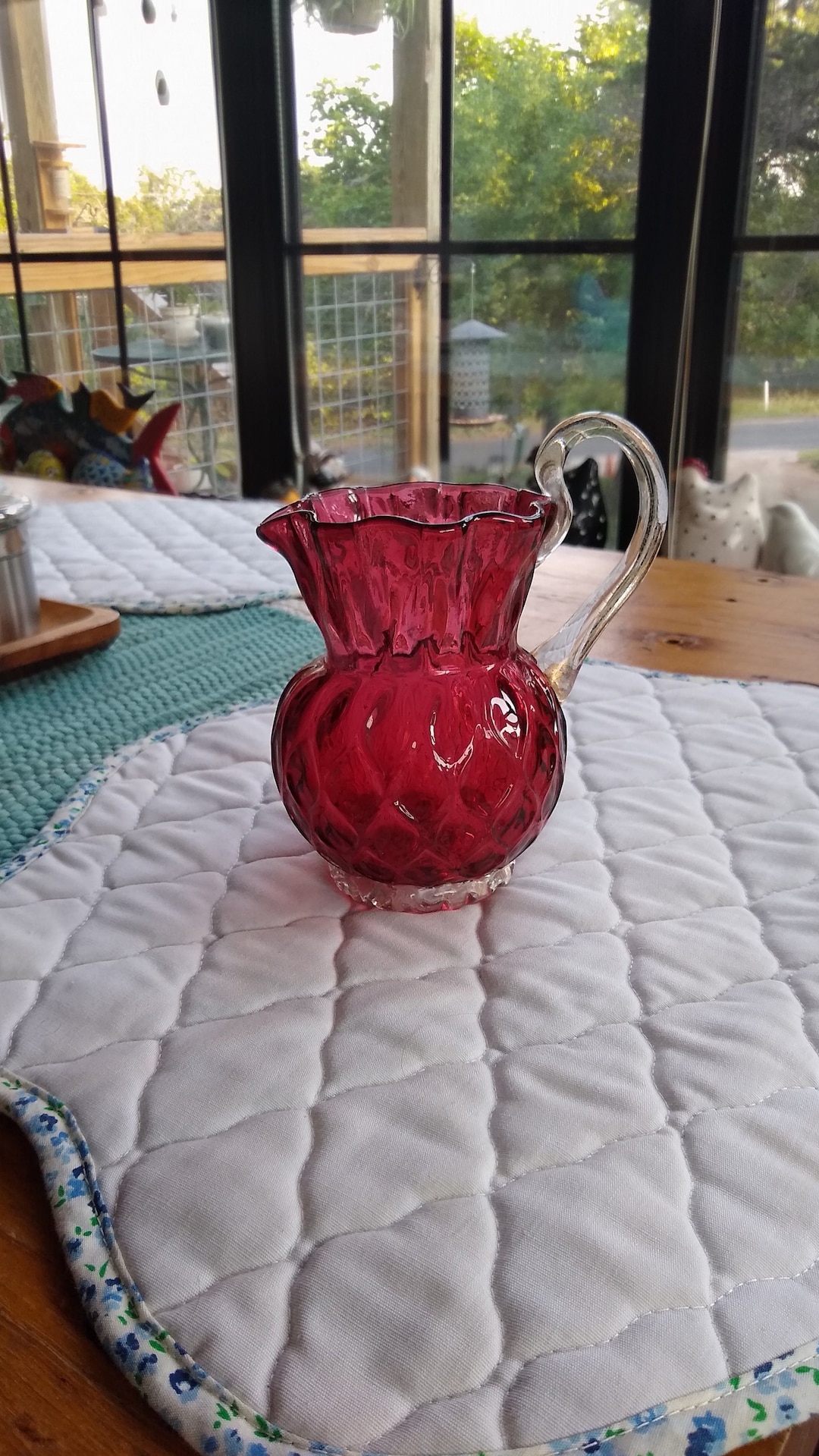 Vintage VENETIAN ART RUBY Glass Milk Jug Creamer Gold Handle Rigaree ...