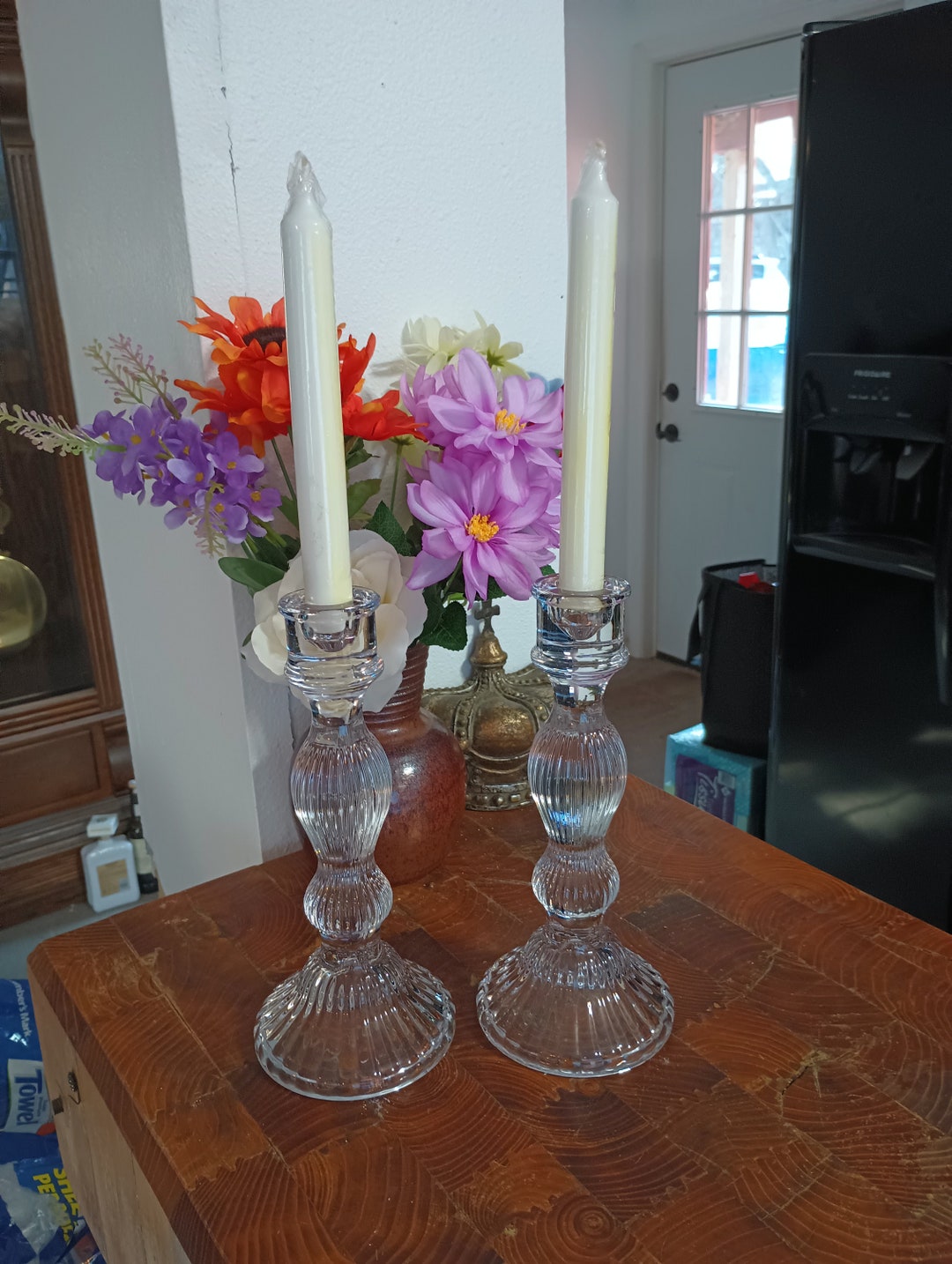 Biederman and Sons Ribbed Glass Candlestick Holders Candles - Etsy