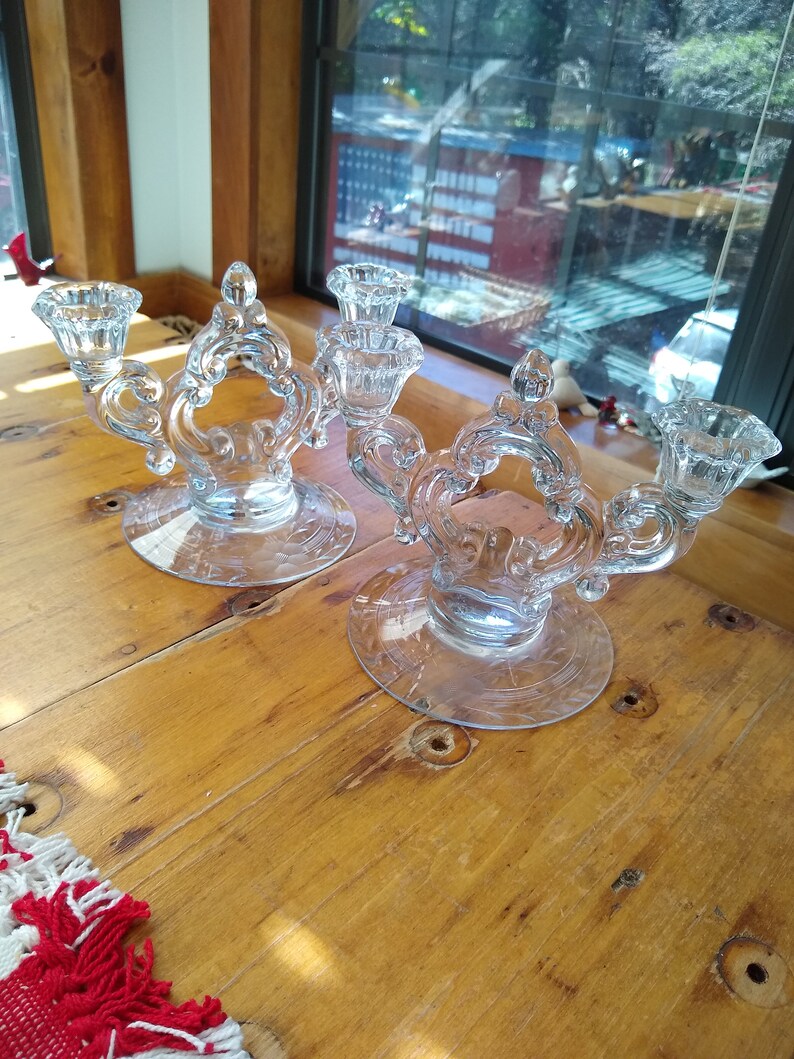Vintage Cambridge Keyhole Double Candlesticks Etched Floral - Etsy