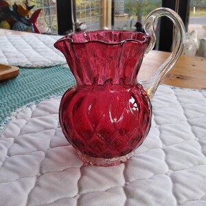Vintage VENETIAN ART RUBY Glass Milk Jug Creamer Gold Handle Rigaree ...