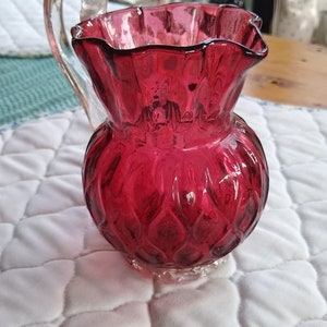 Vintage VENETIAN ART RUBY Glass Milk Jug Creamer Gold Handle Rigaree ...