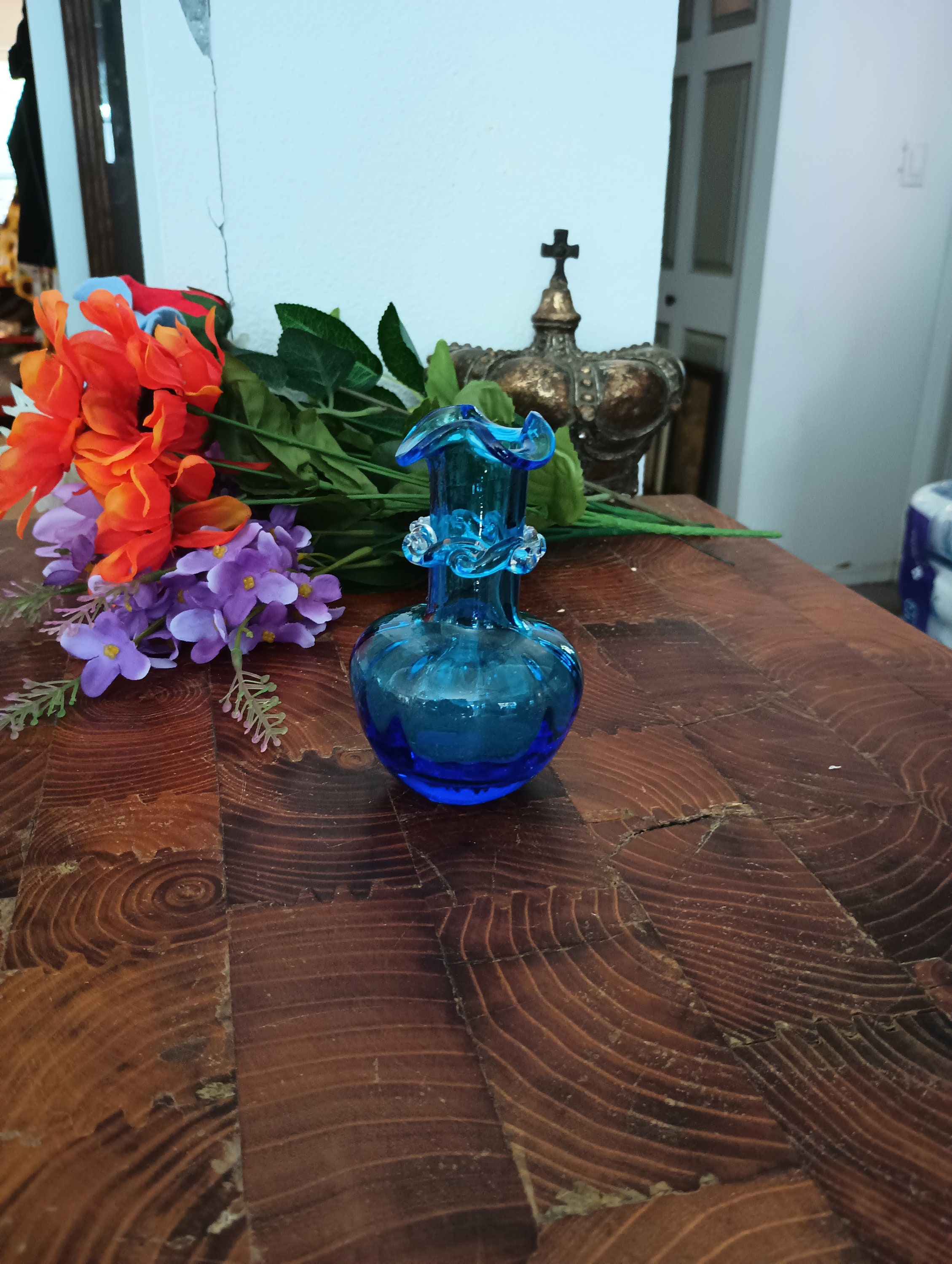 Vintage Blue Glass Ruffle Small Vase - Etsy