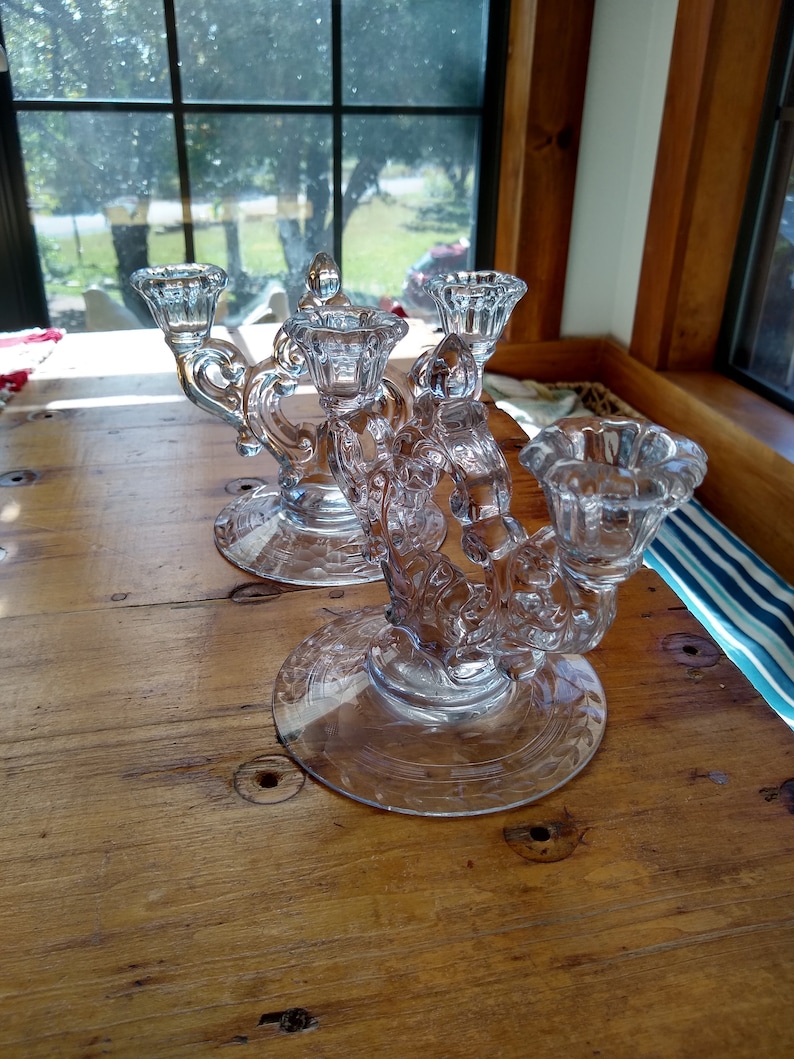 Vintage Cambridge Keyhole Double Candlesticks Etched Floral - Etsy