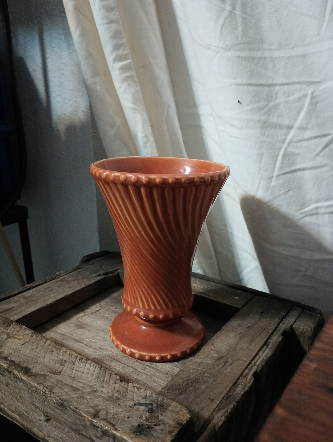 Mccoy Swirl Beaded Footed Vase , Signed Mccoy Burnt Orange Twist Ribbed ...