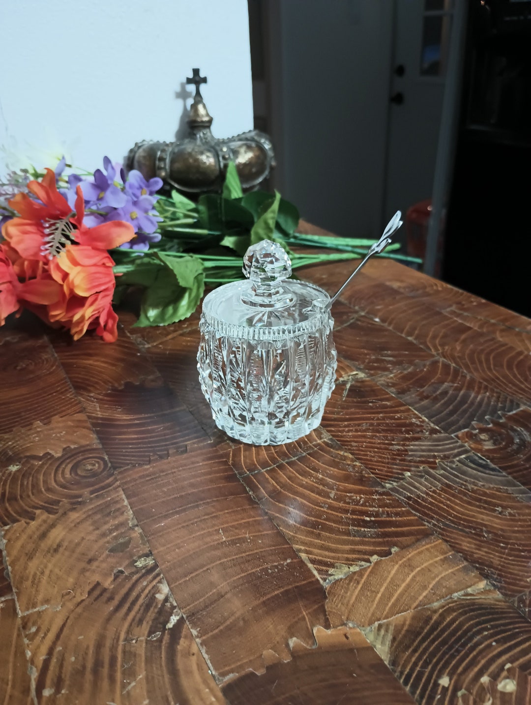 BEAUTIFUL Sparkling Cut Crystal Glass Jam Pot, Gorgeous Cut Pattern ...