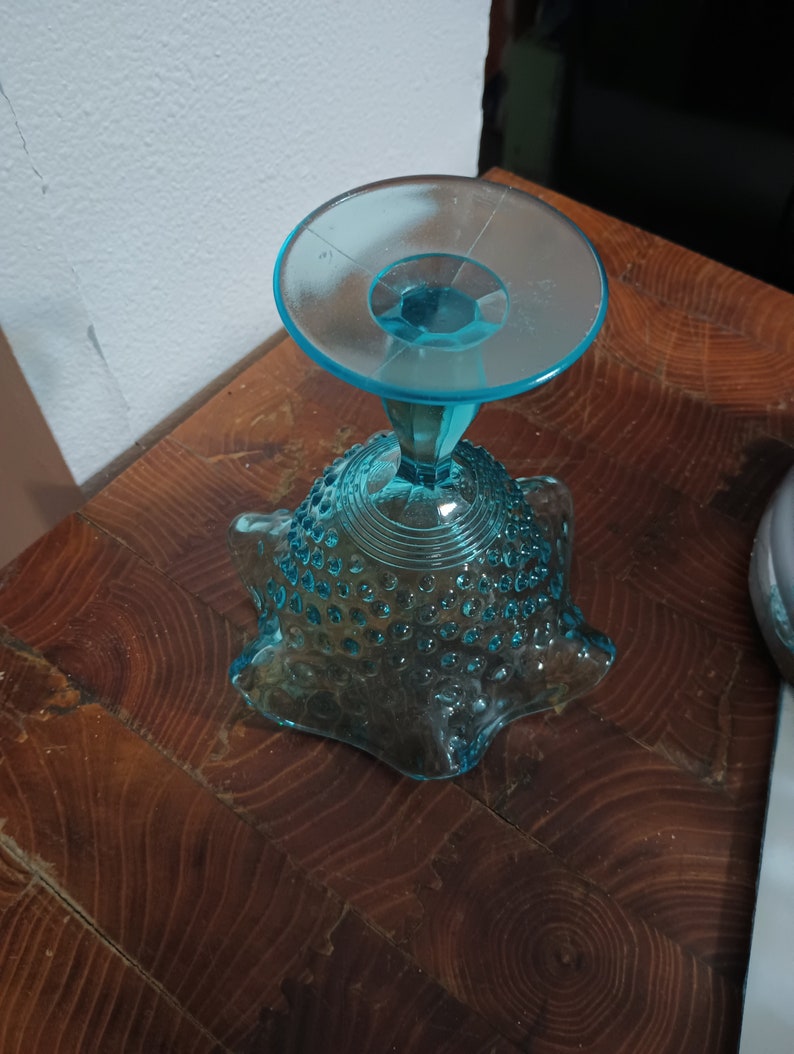 Vintage Fenton Blue Glass Hobnail Compote Bowl: Ruffled Edge Candy Dish ...