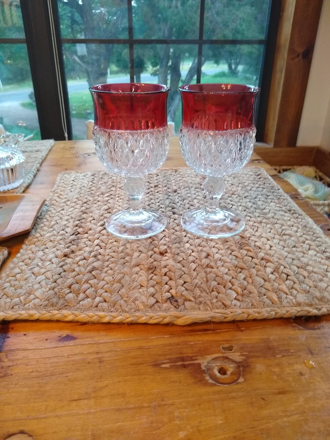 2 INDIANA 6 1/2 RUBY DIAMOND Point Water Goblets 1950s Clear Pressed ...