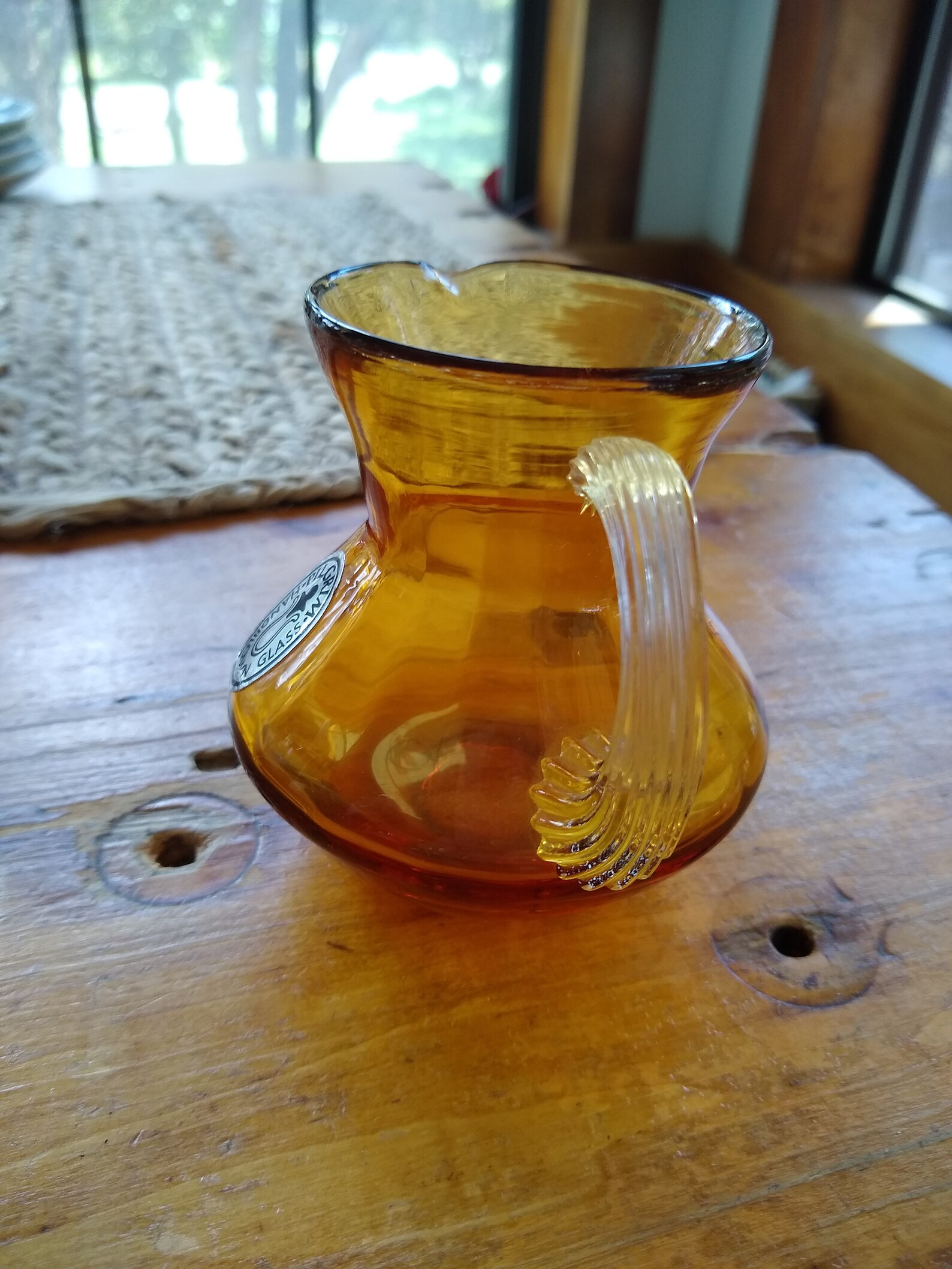Vintage AMBER Hand Blown PILGRIM GLASS Pitcher W/label Clear Ribbed ...