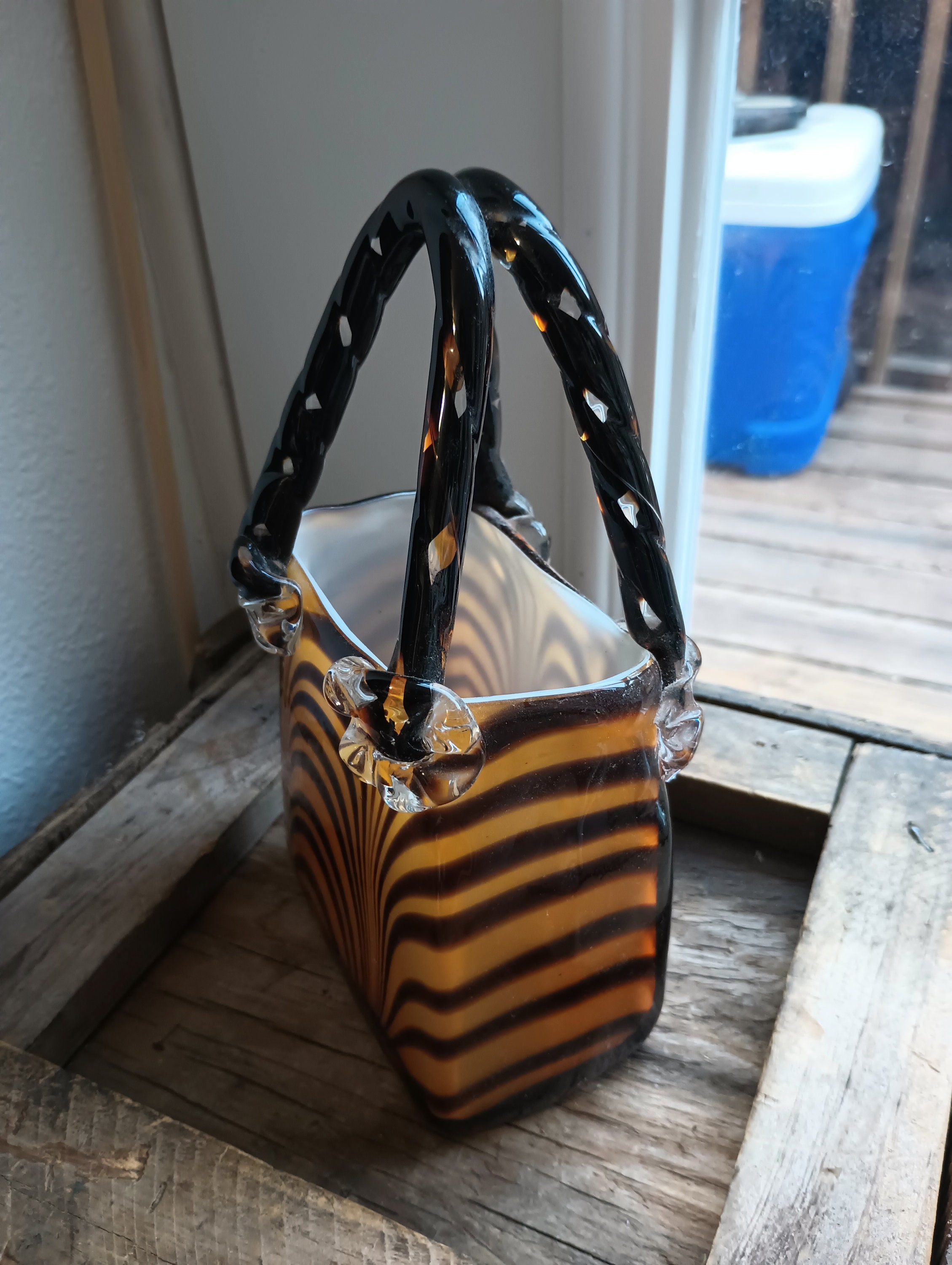 Vintage Murano Safari Tiger Stripe Art Glass Bag Tote Vase Etsy