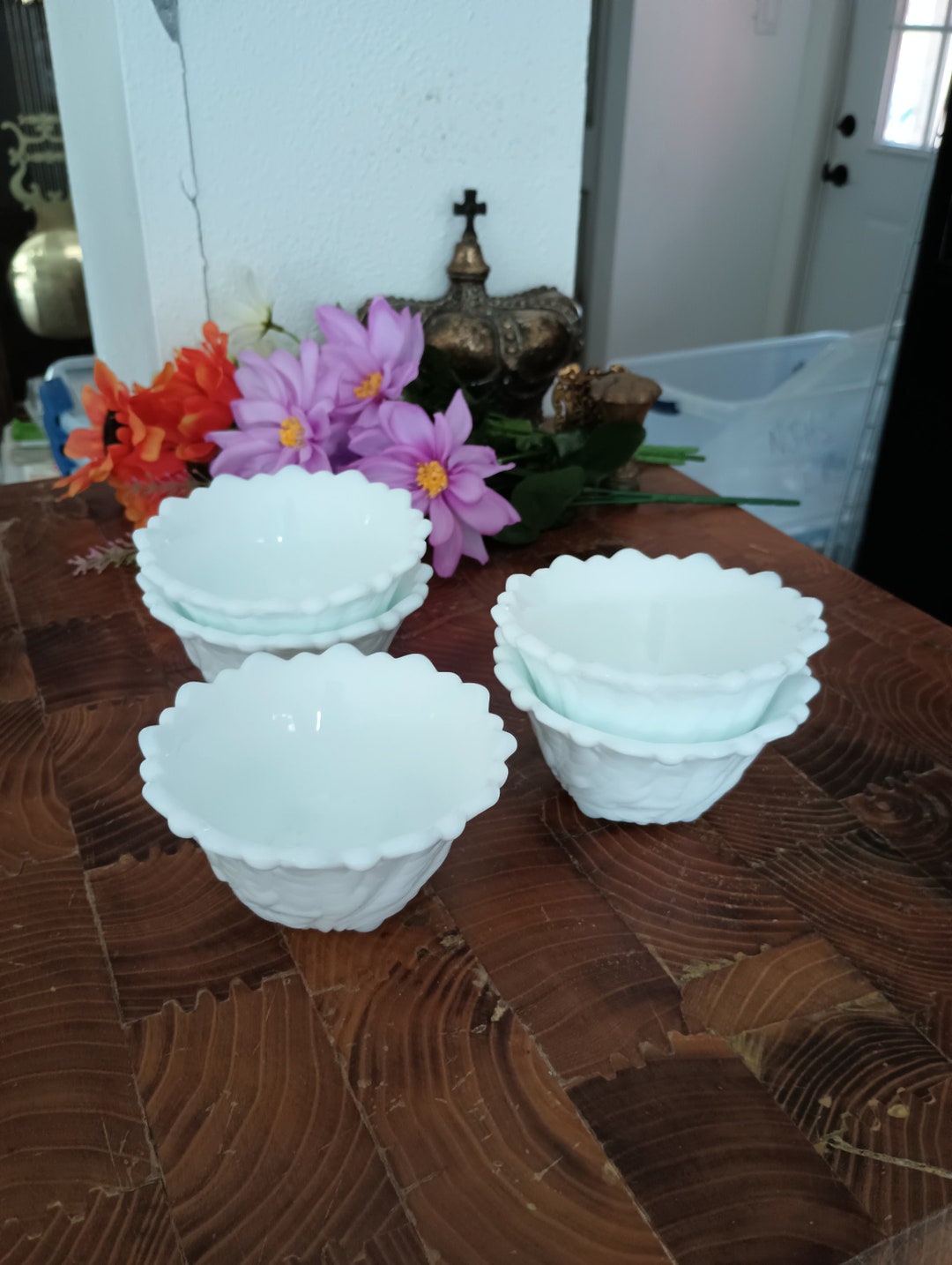 Vintage Set of 5 Indiana Milk Glass Wild Rose Berry Bowls Small Ramekin ...
