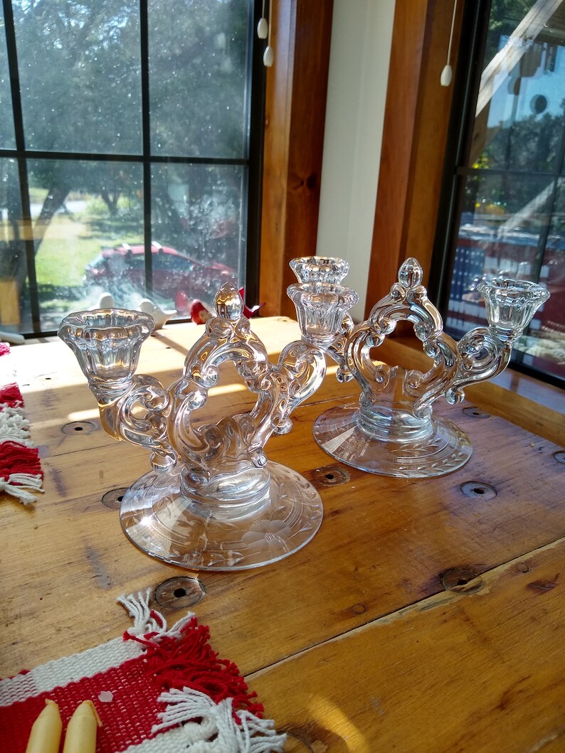 Vintage Cambridge Keyhole Double Candlesticks Etched Floral - Etsy