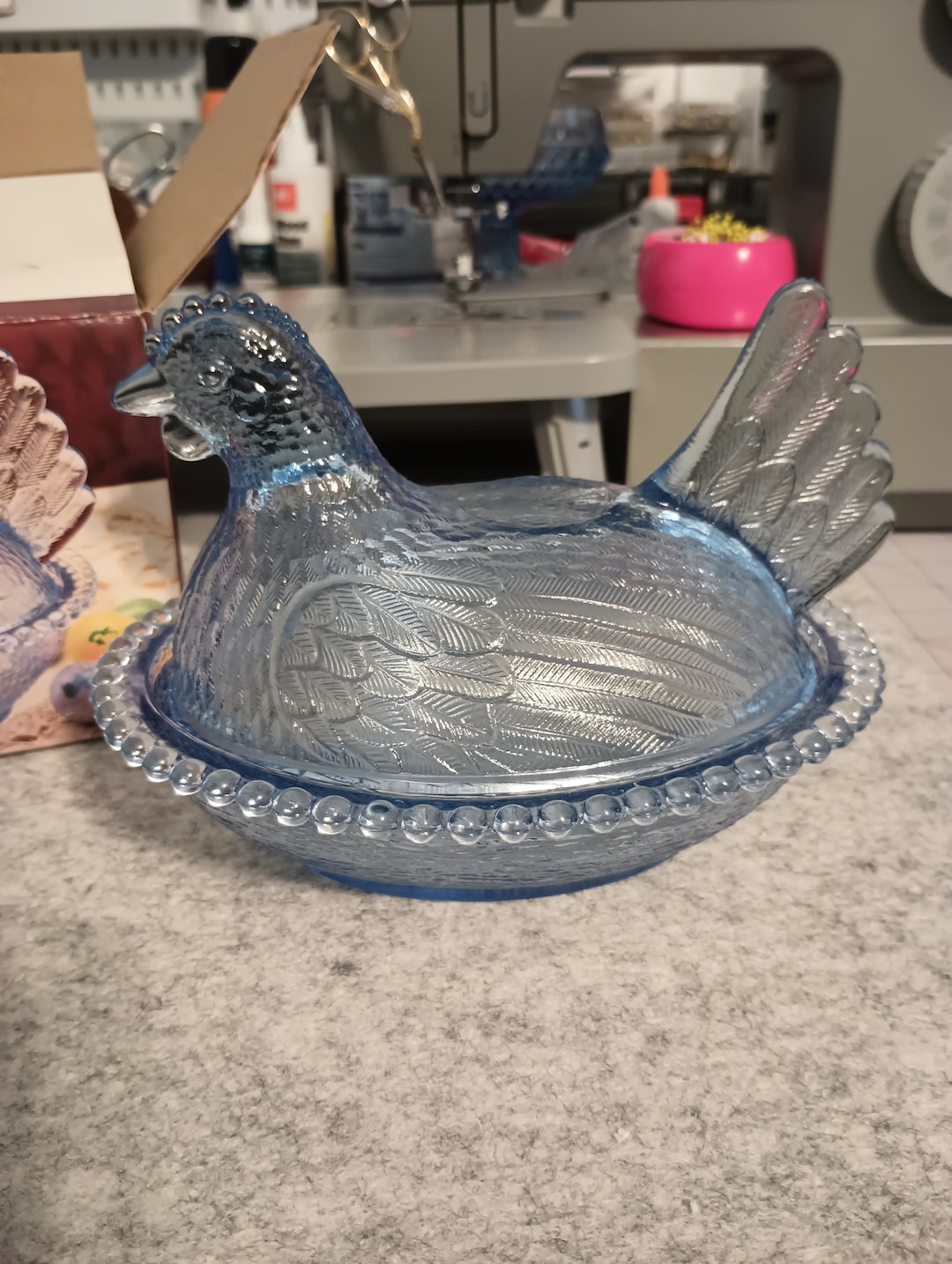 Blue Hen on Nest Candy Dish, Trinket Dish, Indiana Glass Hen on Nest ...