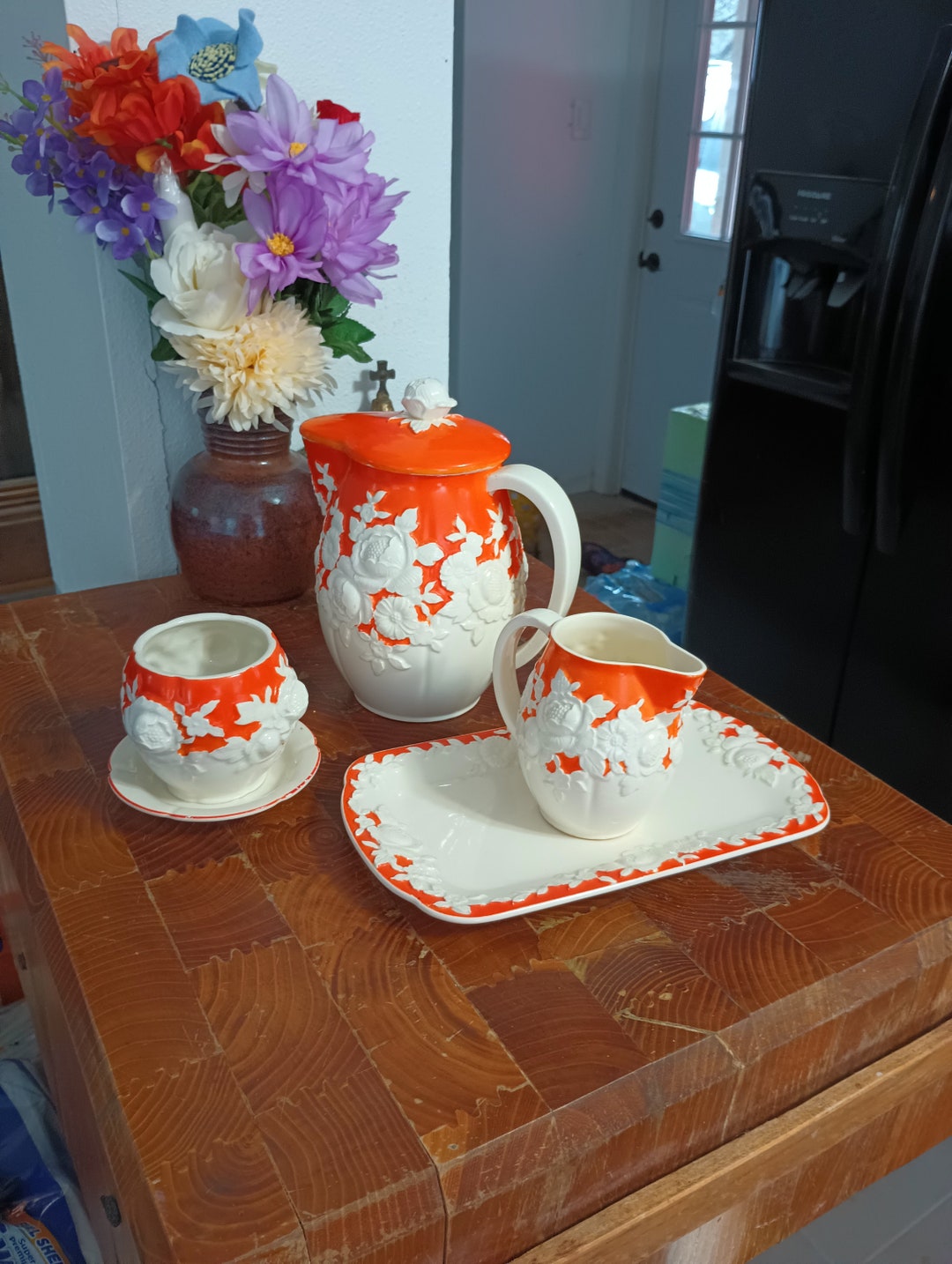 White and Orange Floral Pitcher With Lid, Mori Machi Moriyama Pitcher ...
