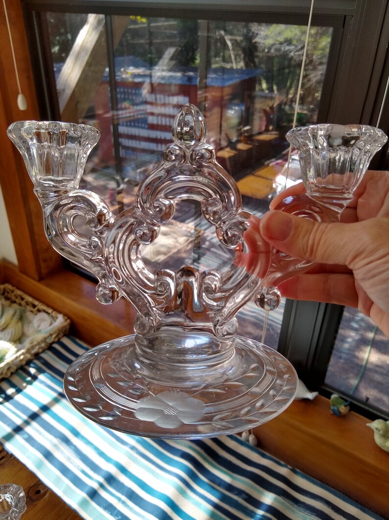 Vintage Cambridge Keyhole Double Candlesticks Etched Floral - Etsy
