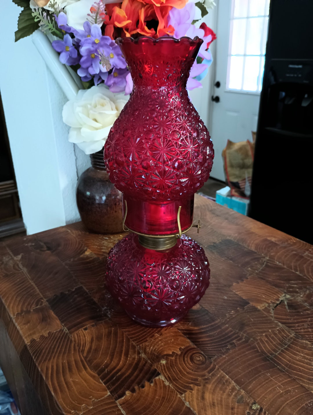 Gorgeous Vintage Ruby Red Daisy Button Glass Oil Lamp Daisy Button ...
