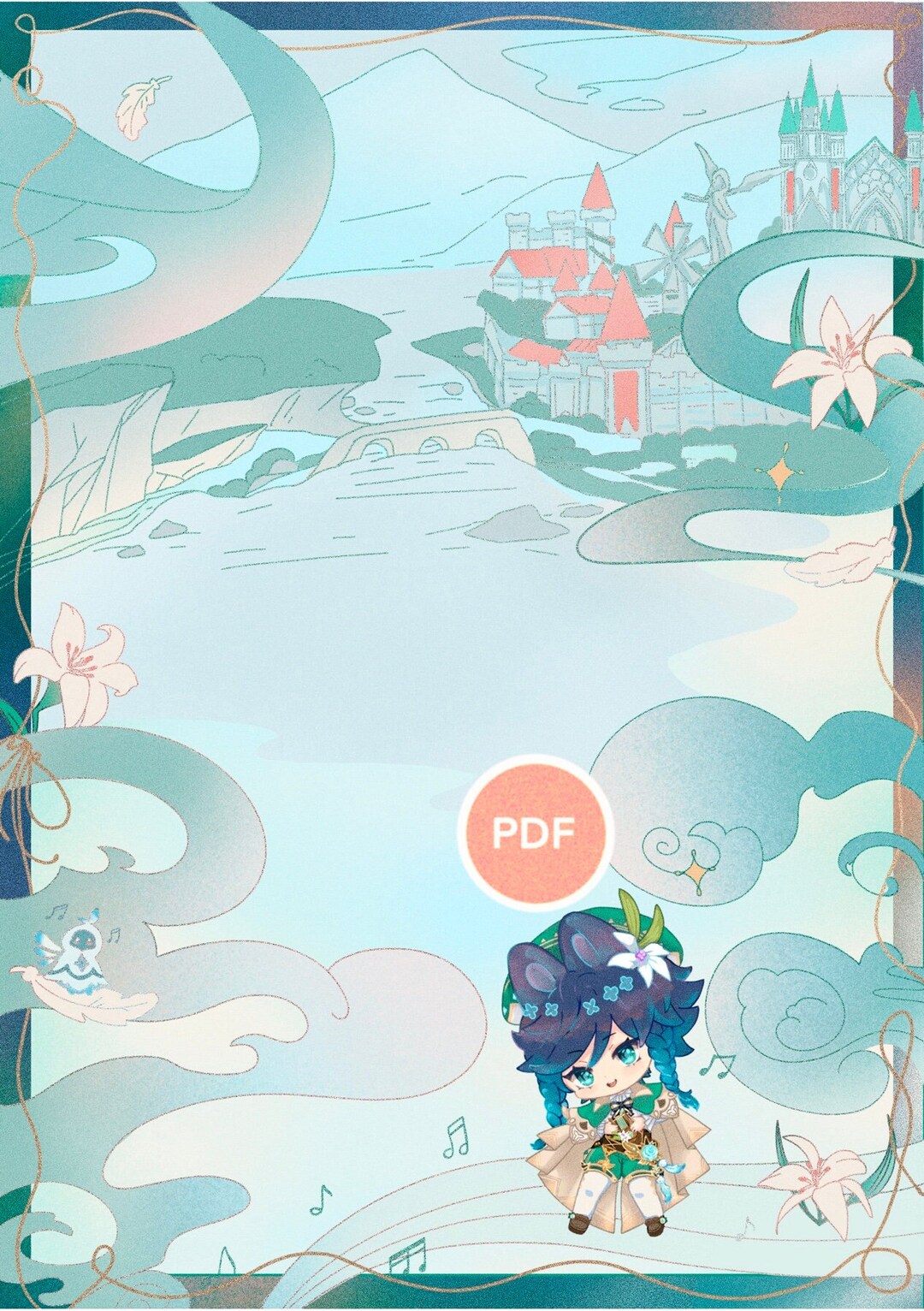 Venti, Genshin Impact, Printable Worksheet, Print, Notebook Cove, Fan Made, Not an Official ...