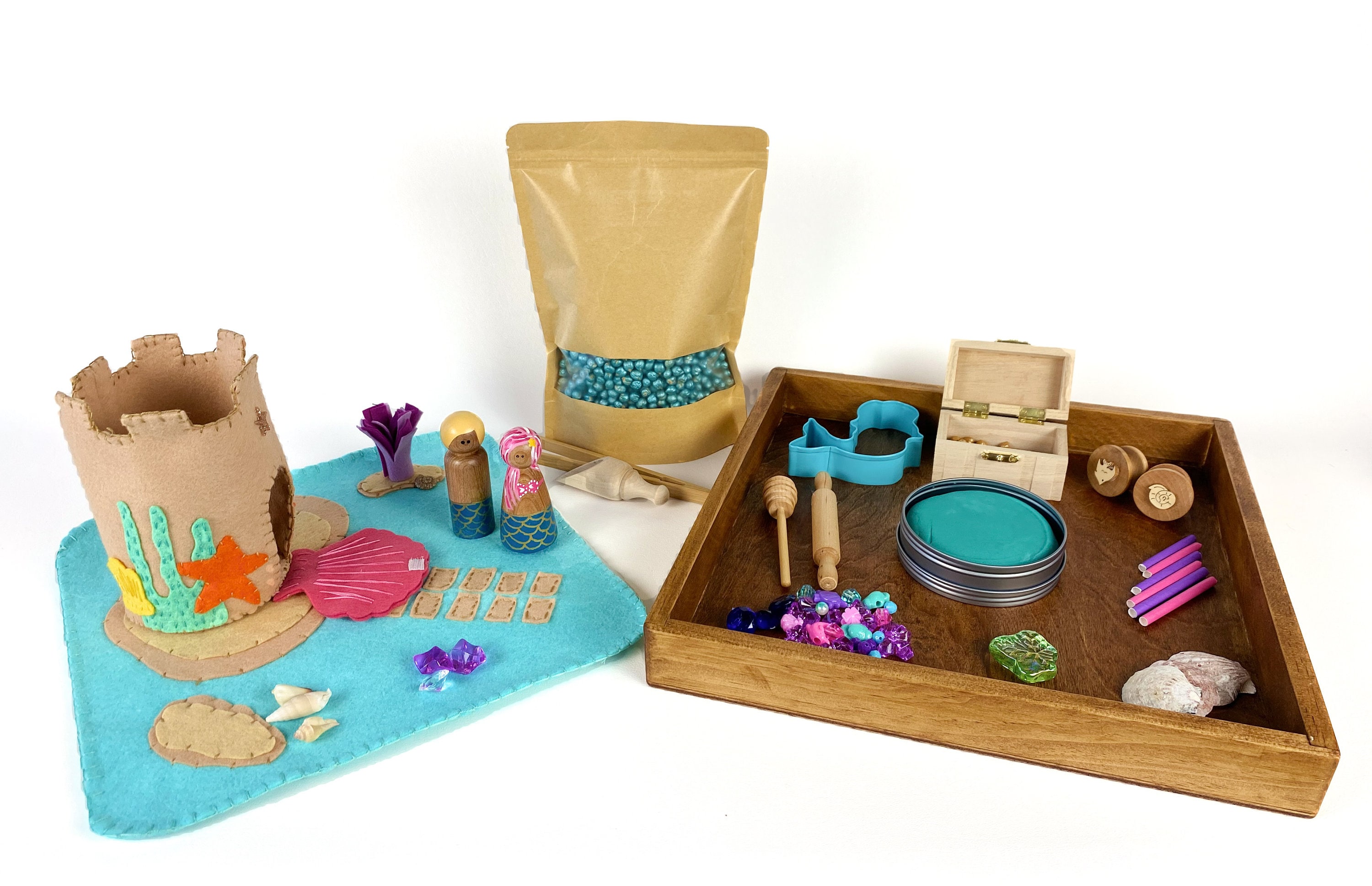 Treasure Ocean Gift Kit Sensory Rice Mermaid Play Set in Wooden Tray ...