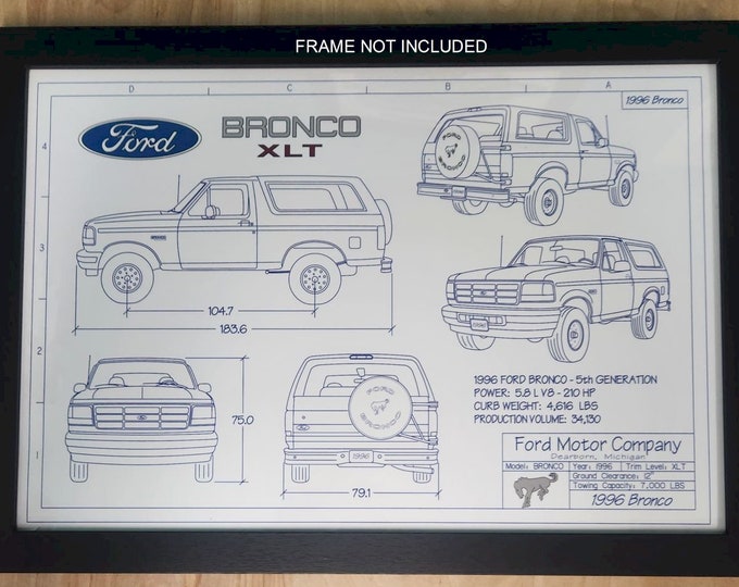 1987-1996 Ford Bronco "blueprint Drawing" Unframed Color Poster Print ...