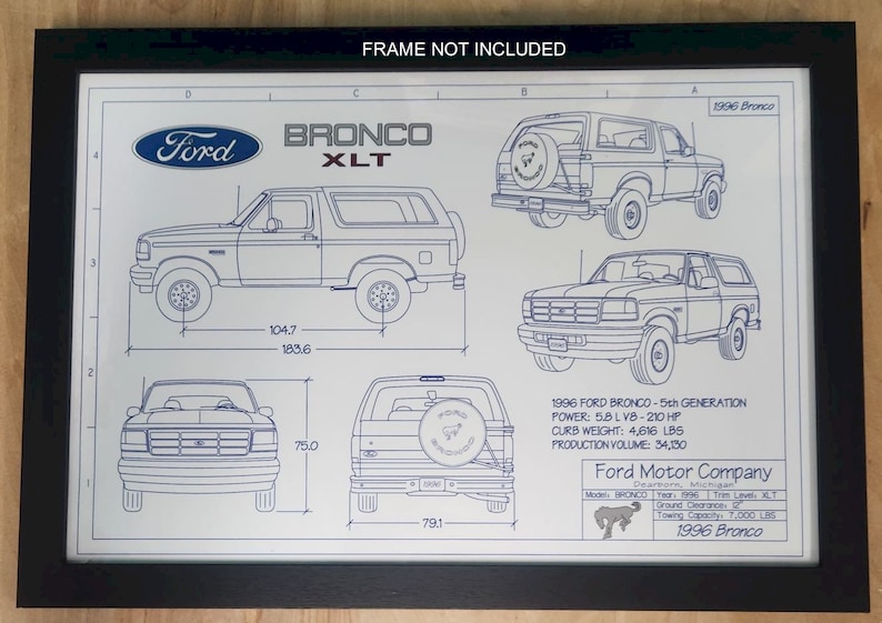 1987-1996 Ford Bronco "blueprint Drawing" Unframed Color Poster Print ...