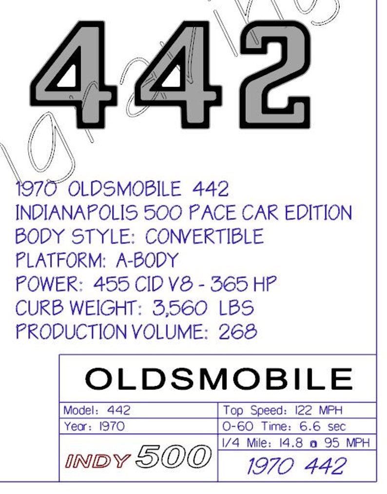 1970 Olds 442 Indy Pace Car "blueprint Drawing" Unframed Color Poster ...