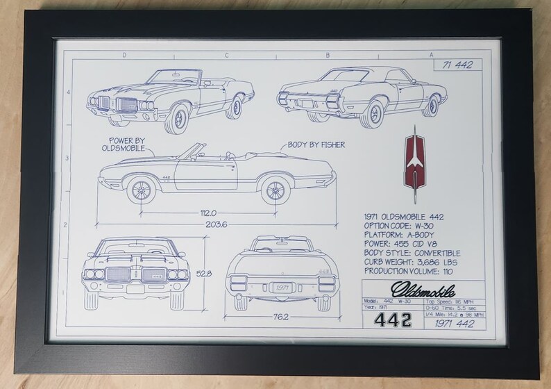 1971 Olds 442 Convertible blueprint Drawing Framed - Etsy