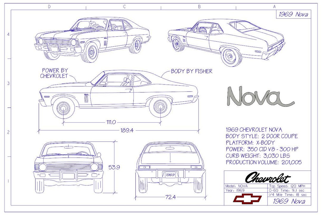 1969 Nova "blueprint Drawing" Unframed Color Poster Print - Etsy
