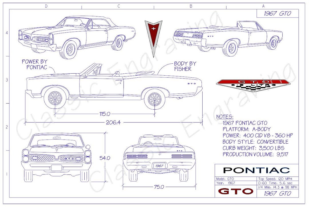 1967 Pontiac GTO Convertible "blueprint Drawing" Unframed Color Poster ...