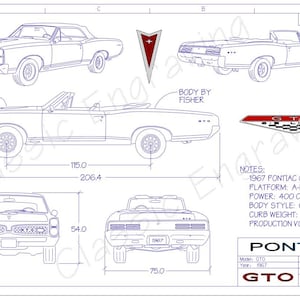 1967 Pontiac GTO Convertible "blueprint Drawing" Unframed Color Poster ...