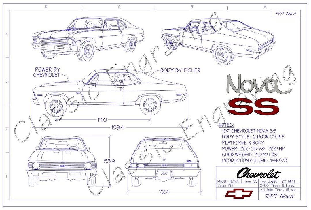 1971 Nova SS "blueprint Drawing" Unframed Color Poster Print - Etsy