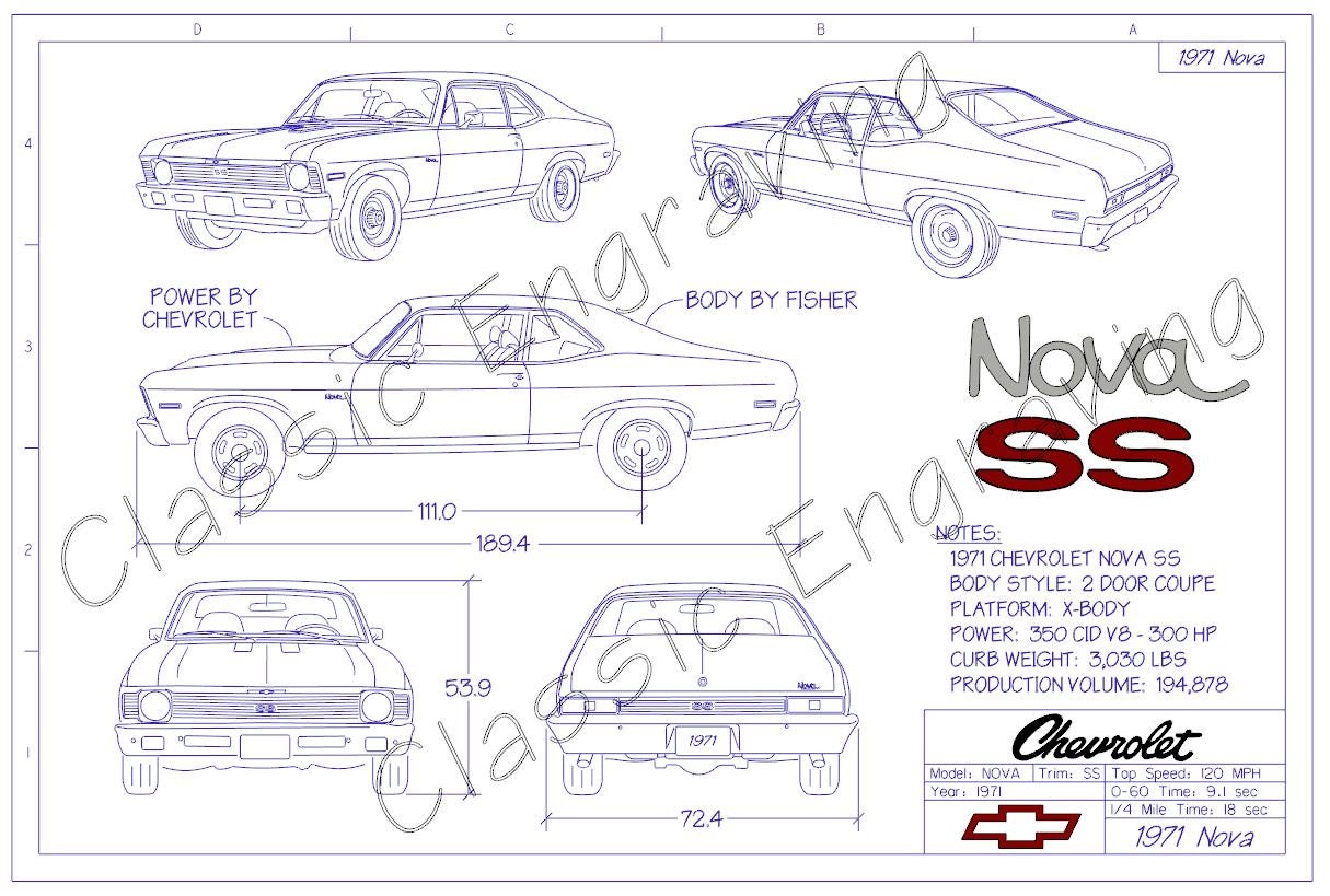 1971 Nova SS "blueprint Drawing" Unframed Color Poster Print - Etsy