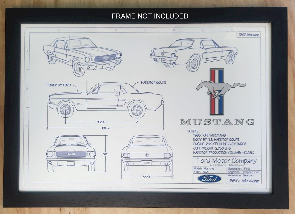 1965 Mustang Outline 1965 Ford Mustang Front Stencil, Black" Art