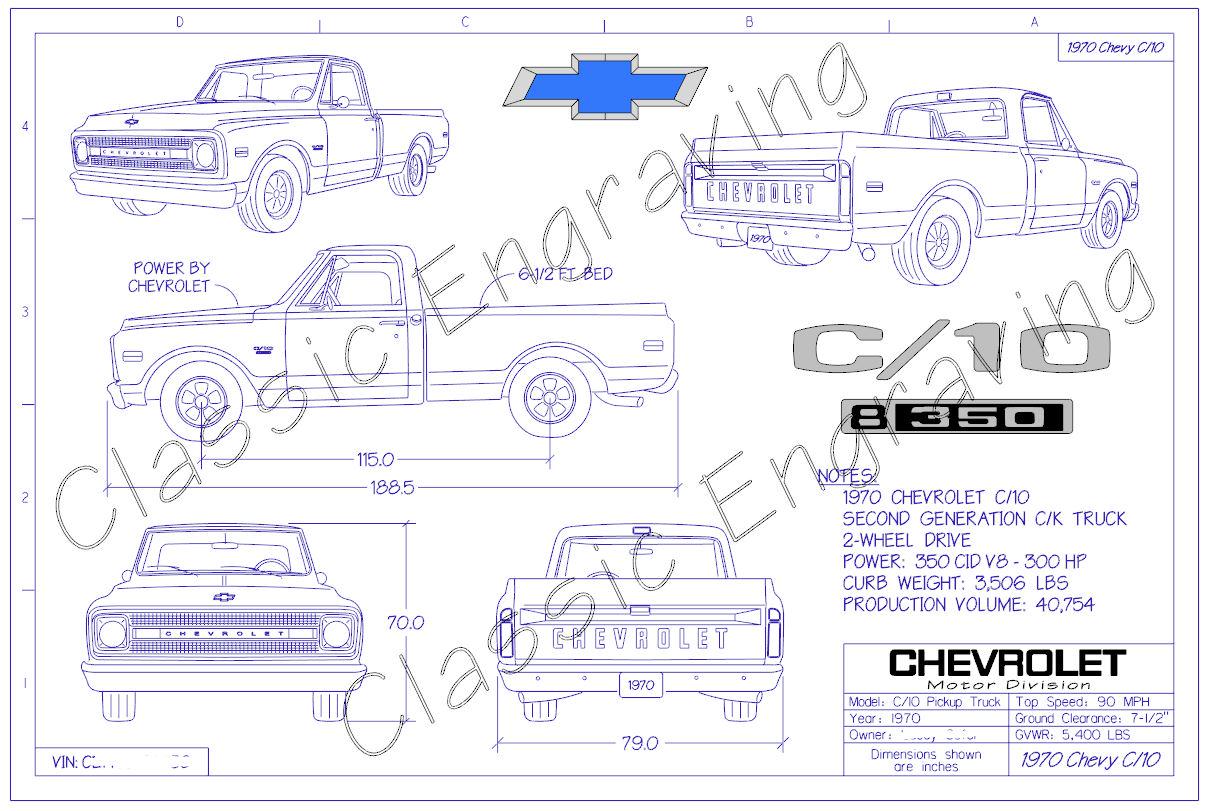 1970 Chevy C/10 Truck "blueprint Drawing" Unframed Color Poster Print ...