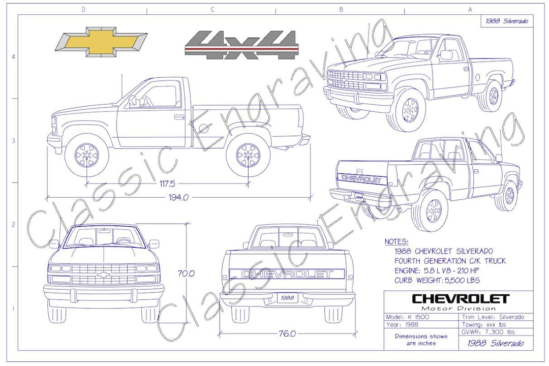 1988 Silverado "blueprint Drawing" Unframed Color Poster Print - Etsy