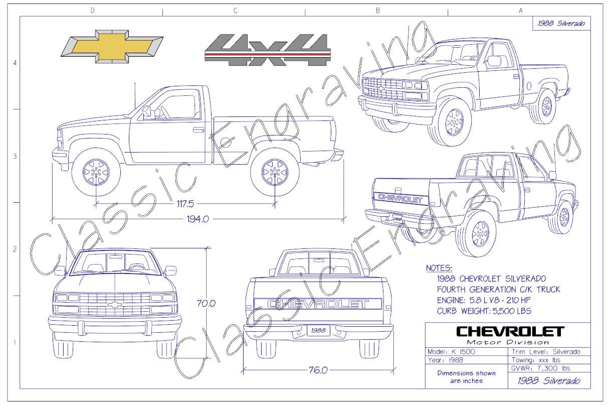 1988 Silverado "blueprint Drawing" Unframed Color Poster Print - Etsy