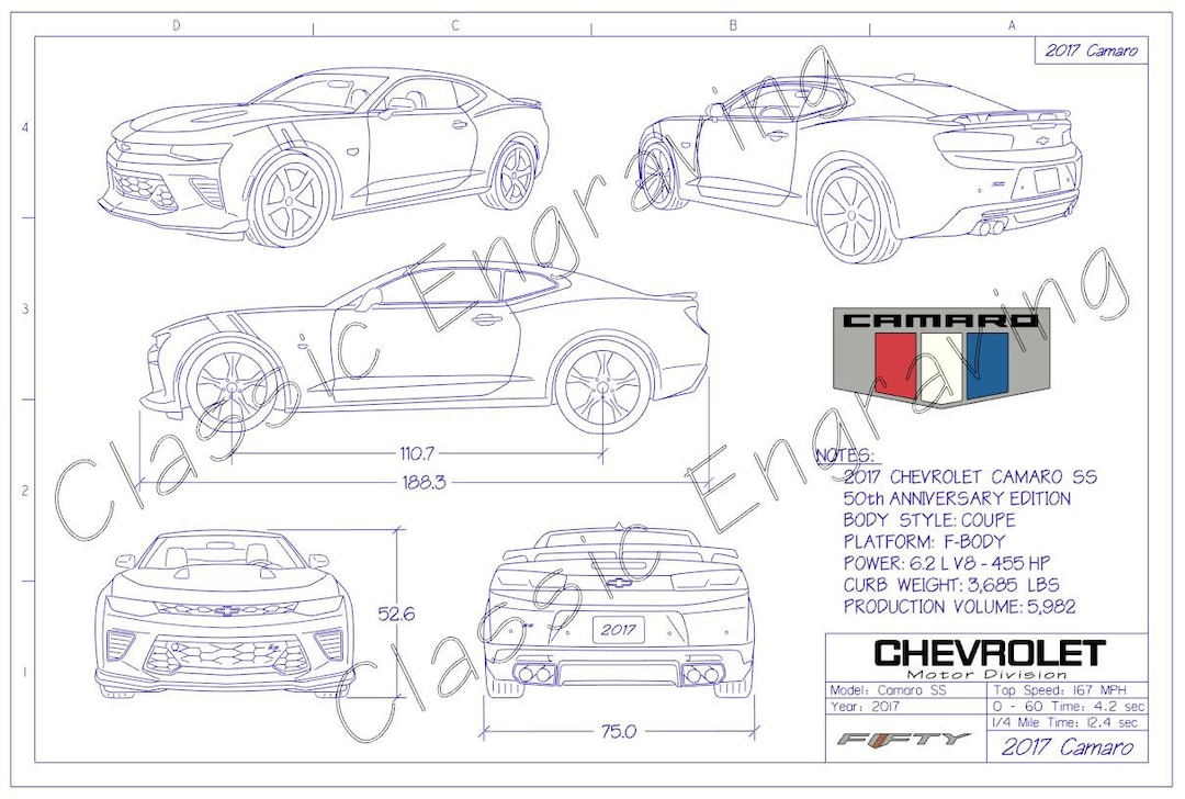 2017 Camaro SS "blueprint Drawing" Unframed Color Poster Print - Etsy