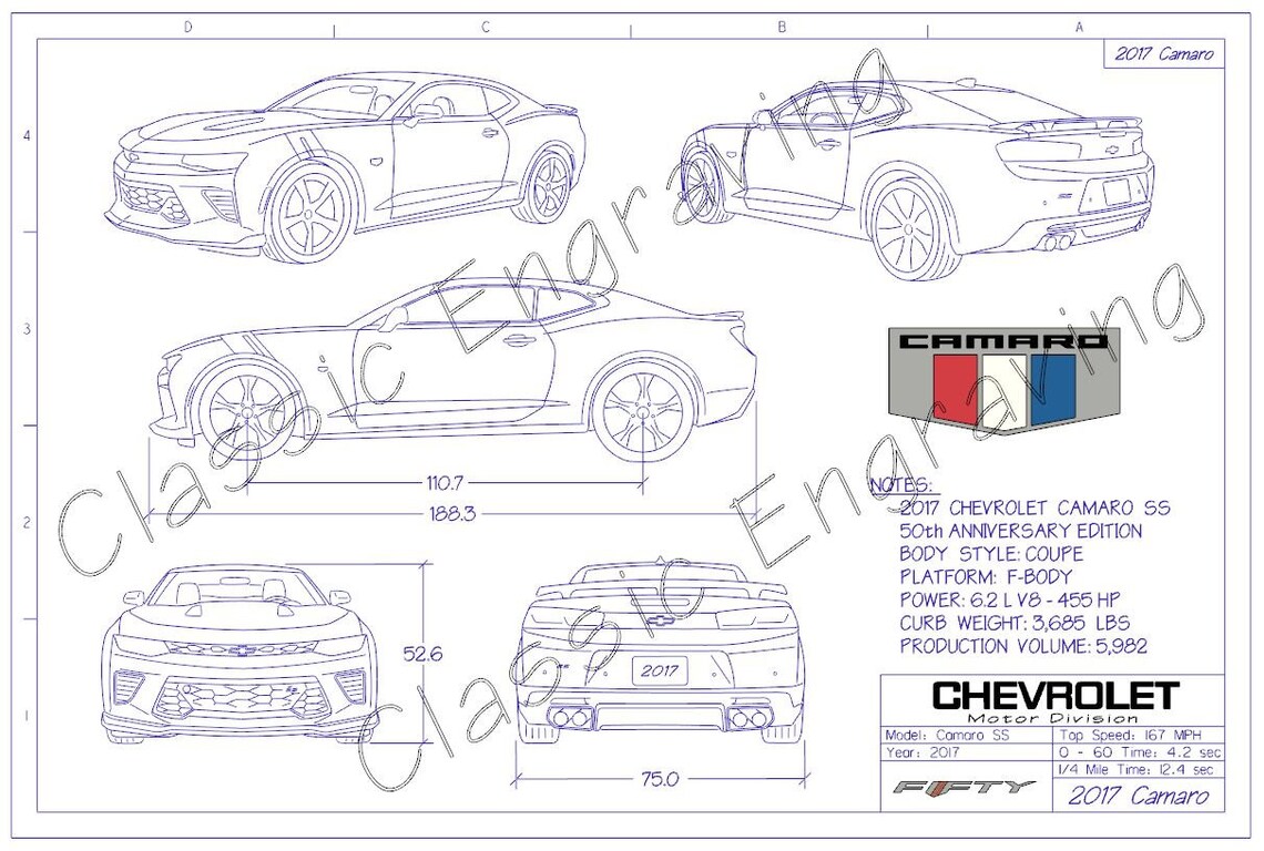 2017 Camaro SS "blueprint Drawing" Unframed Color Poster Print - Etsy