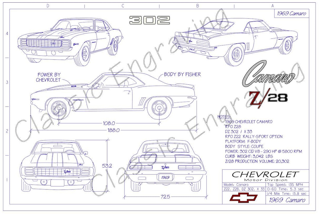 1969 Camaro Z28 "blueprint Drawing" Unframed Color Poster Print - Etsy