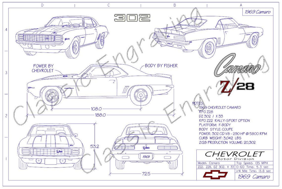1969 Camaro Z28 "blueprint Drawing" Unframed Color Poster Print - Etsy