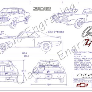 1969 Camaro Z28 Blueprint Drawing Unframed Color Poster Print Etsy