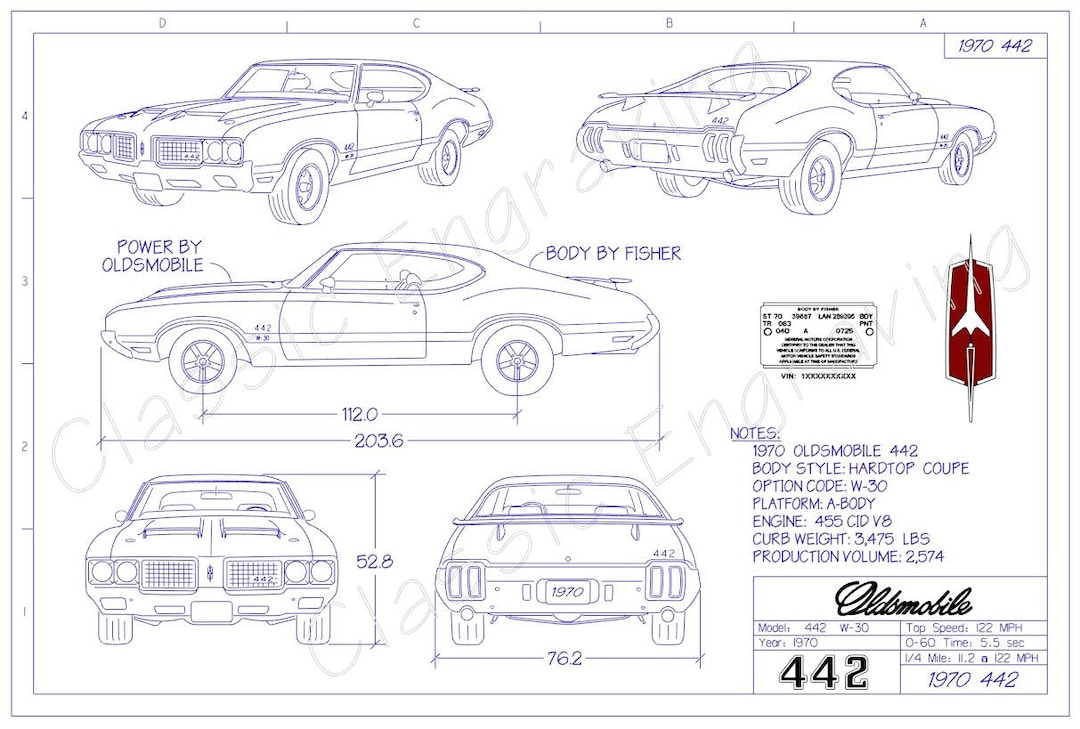 1970 Olds 442 "blueprint Drawing" Unframed Color Poster Print - Etsy